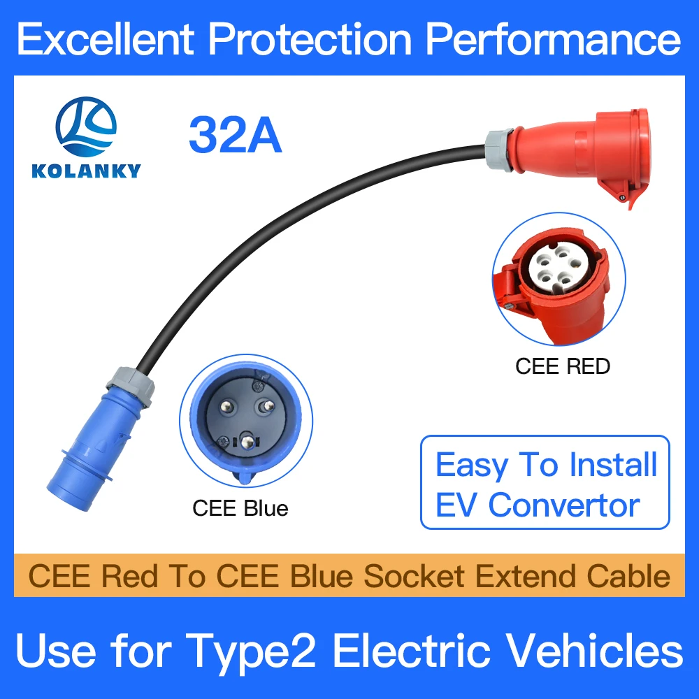 EV Charger Adapter 32A 3Phase Cee Red to 32A 1Phase Cee Blue for 22KW ...