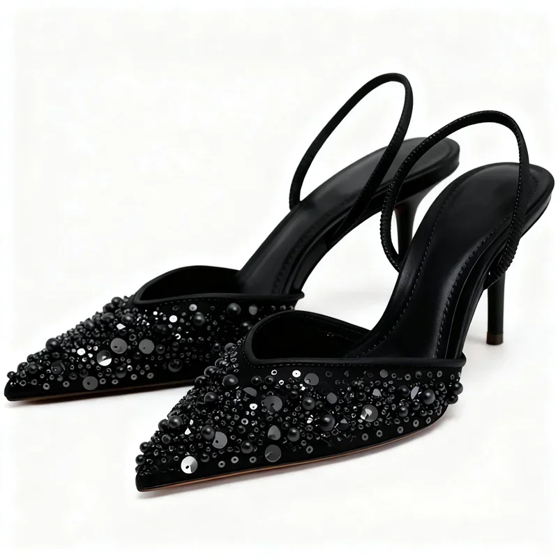 Elegant Designer Heeled Sandals for Women Luxury Bling String Bead Mesh ...