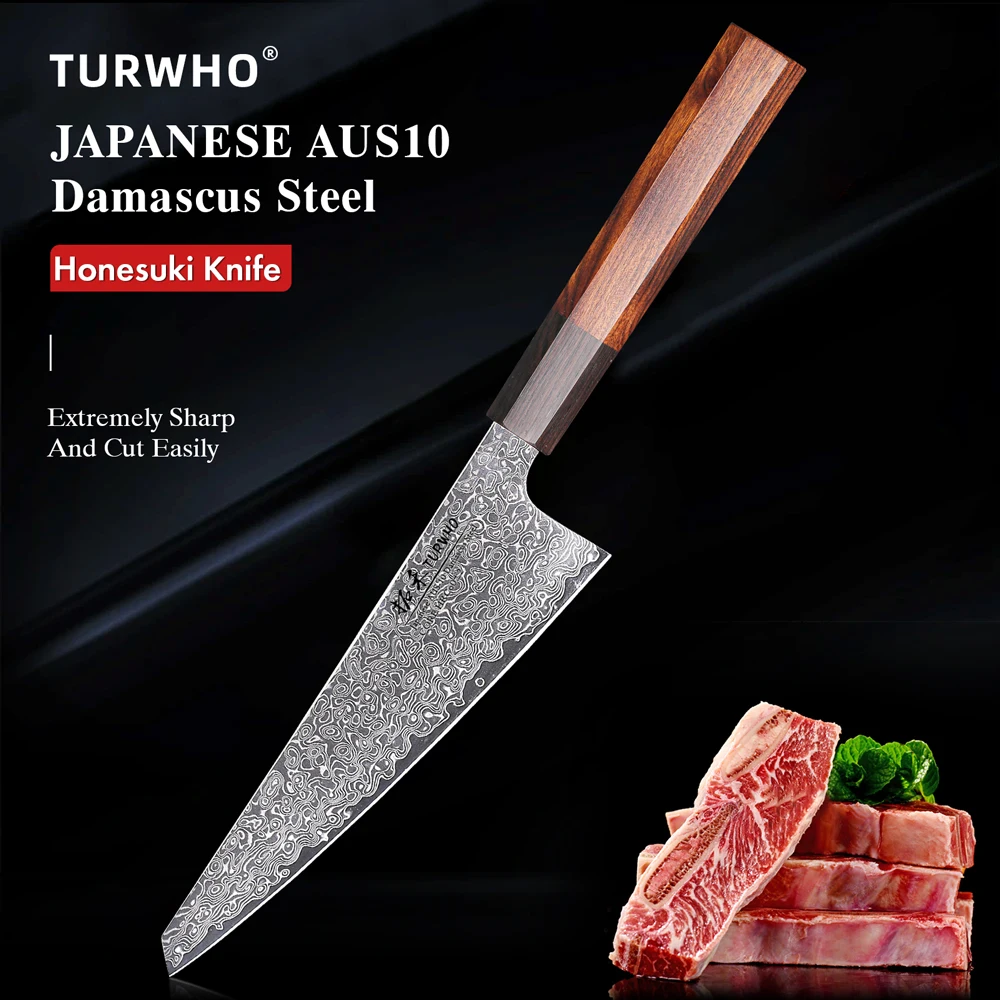 TURWHO 6" Japanese Hand Forged Honesuki Knife Damascus Steel Kitchen ...