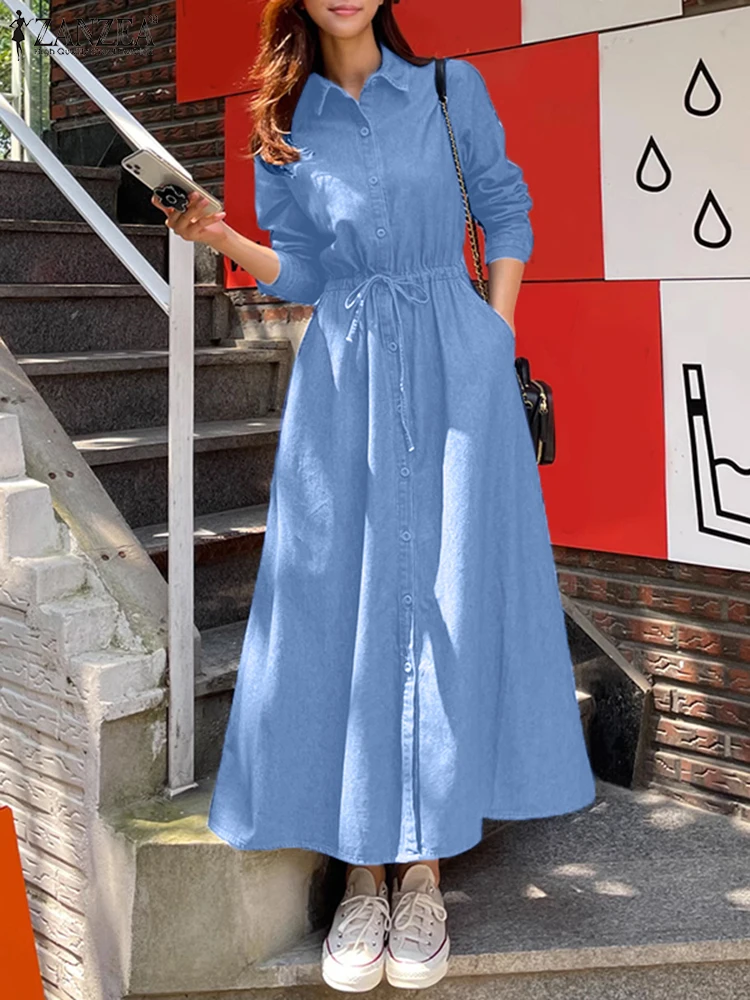 ZANZEA Women Elegant Long Sleeve Work Sundress 2025 Spring Denim Blue ...
