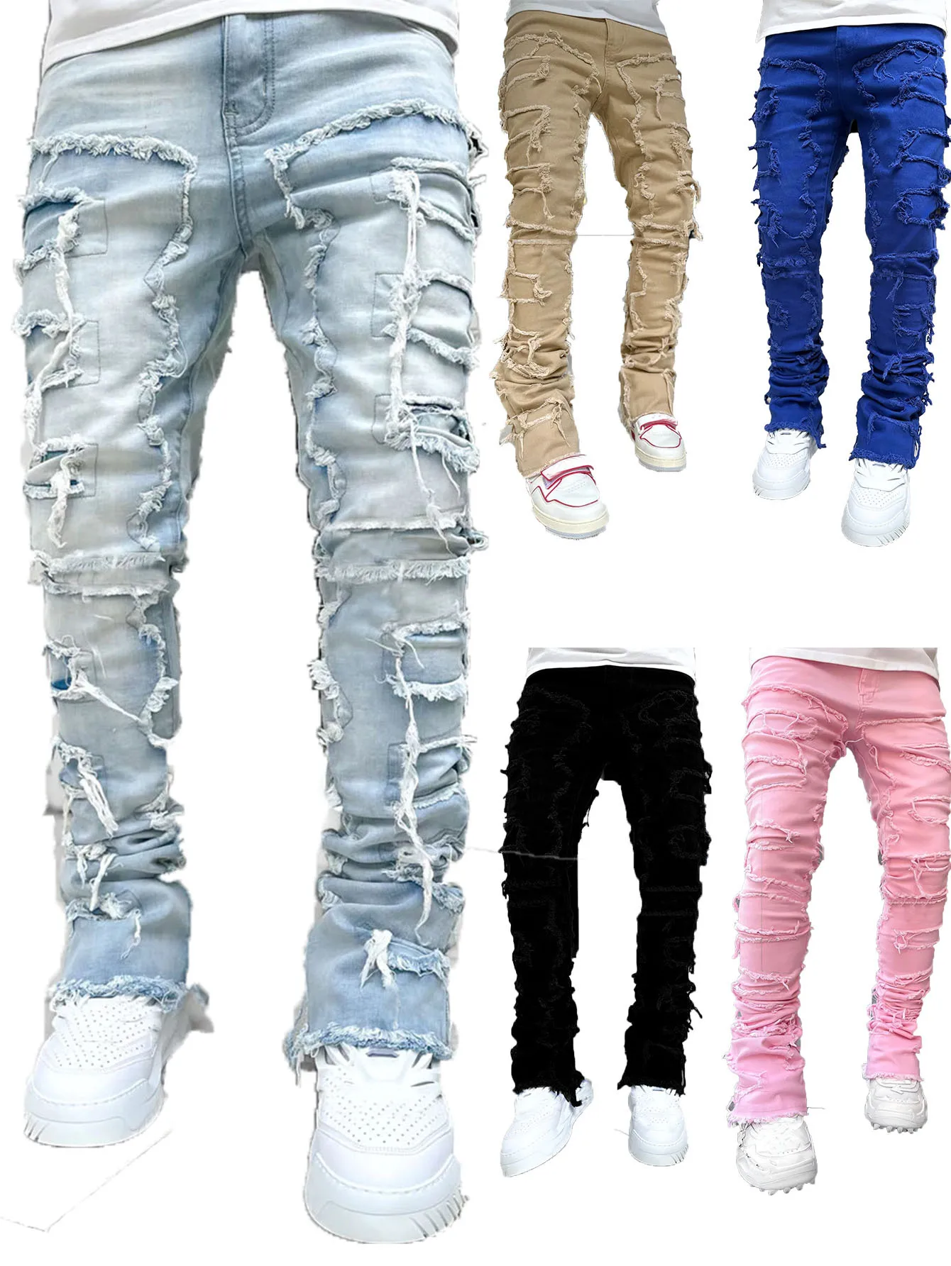 Men's Regular Fit Stacked Jeans Ripped Slim Fit Patch Distressed ...