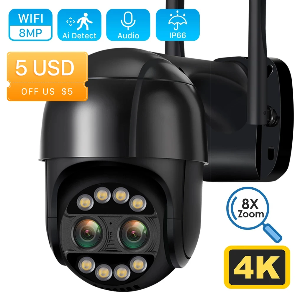 8MP 4K 2.8mm +12mm Dual Lens 8X Hybrid Zoom PTZ IP Camera WiFi Human ...