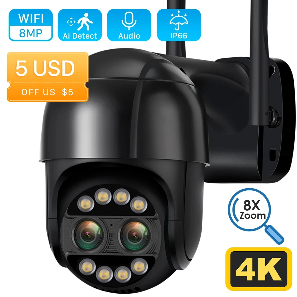 8MP 4K 2.8mm +12mm Dual Lens 8X Hybrid Zoom PTZ IP Camera WiFi Human ...