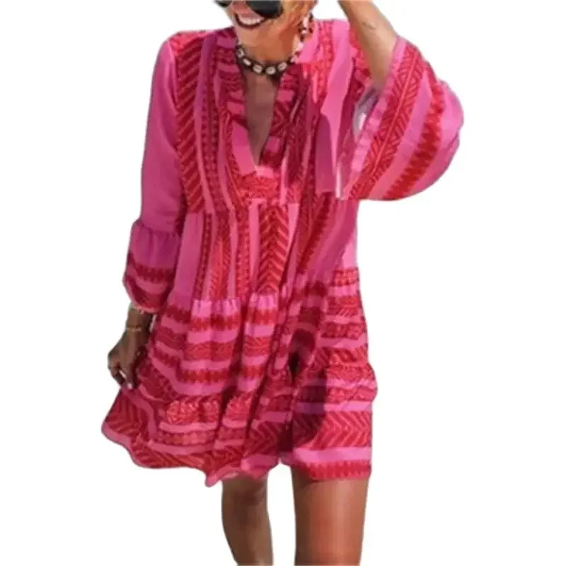 Women-Colour-Block-Print-Dresses-Multi-layered-Patchwork-Pleated-Hem ...