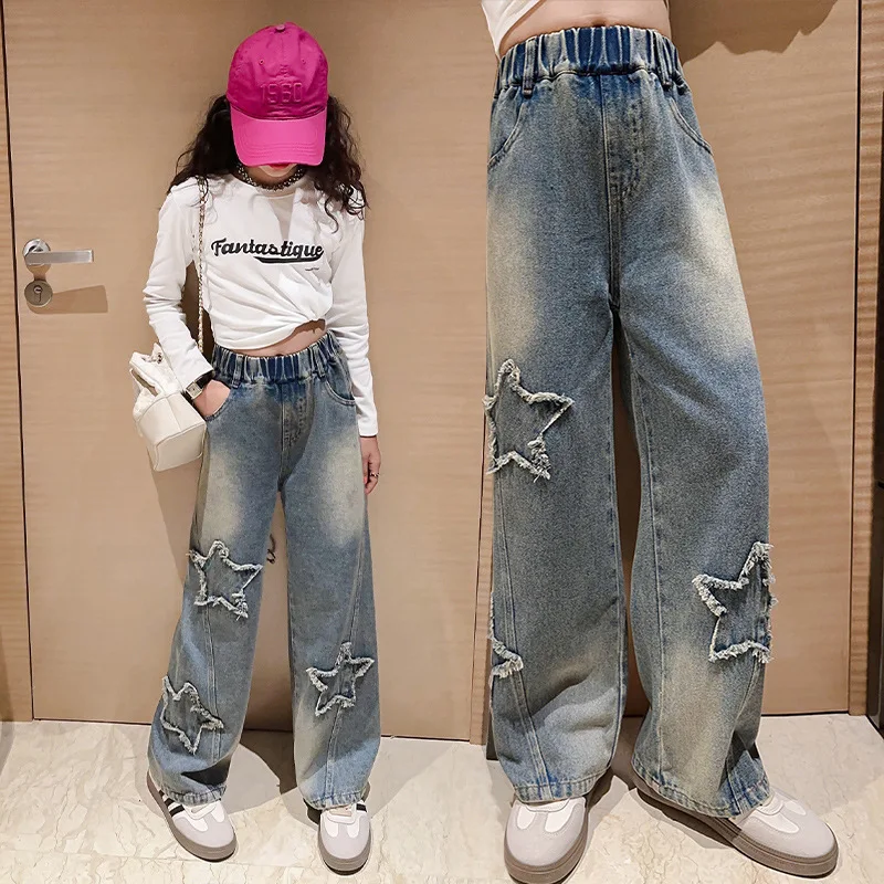 Girls-Jeans-2024-Spring-New-Kids-Fashion-Retro-five-pointed-Star-Denim ...