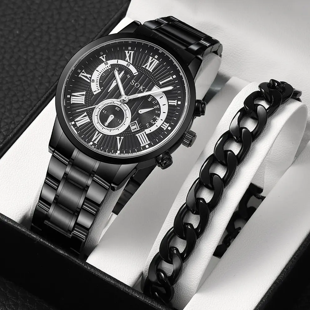 2pcs Black Strap Watch Cuban Chain Bracelet For Men Round Date Watch ...