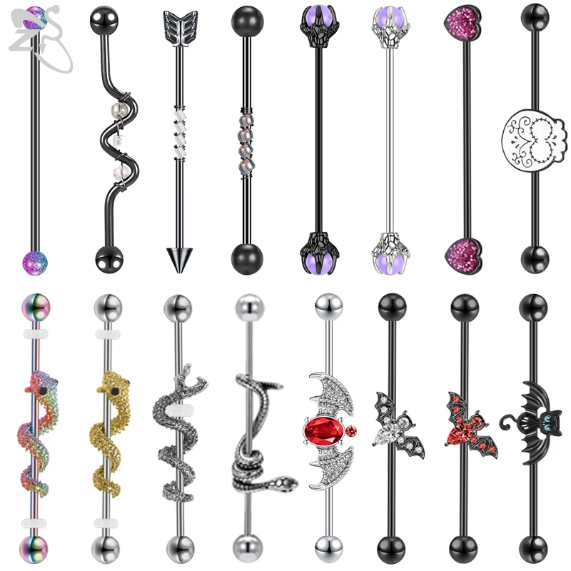 ZS-1PC-14g-Stainless-Steel-Long-Industrial-Piercing-Snake-Bat-CZ ...
