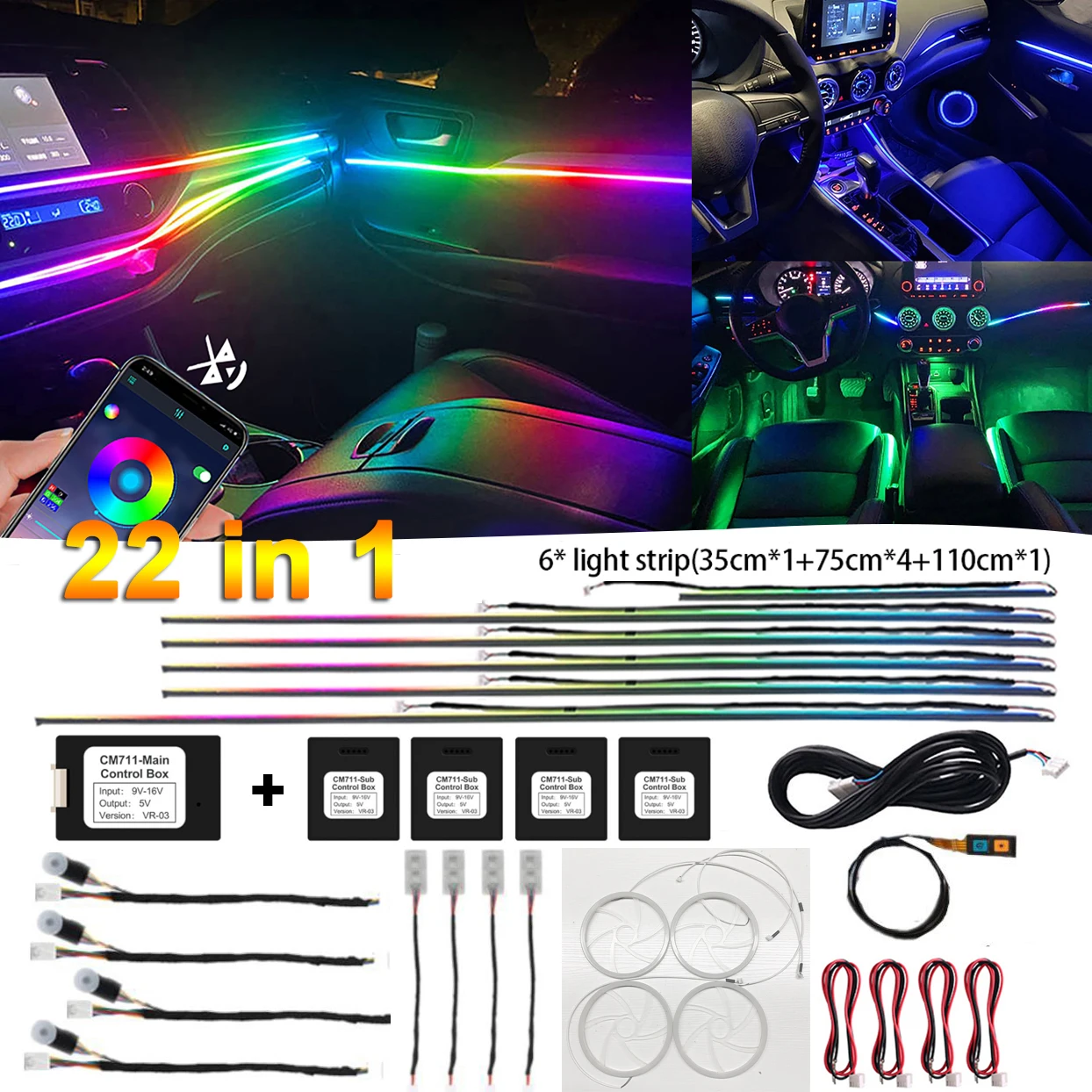 22 In 1 Universal Car Interior Ambient Light Strip Rgb Led Symphony ...