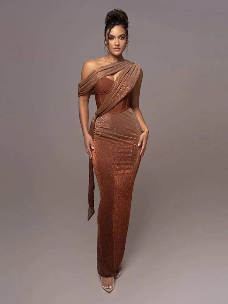 Sexy-Women-Brown-Corset-One-Shoulder-Draped-Glitter-Long-Dress-Sparkly ...