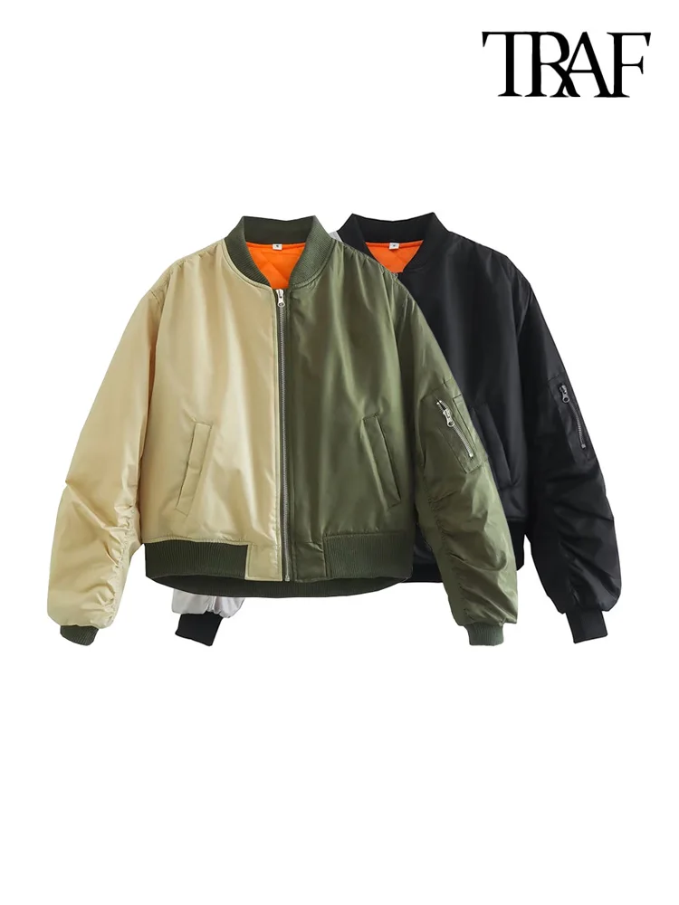 TRAF Women Fashion Patchwork Oversized Crop Padded Bomber Jacket Coat ...