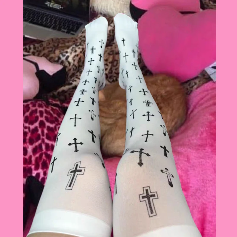 White graffiti cross print pantyhose retro 2000s Emo girl fetish ...