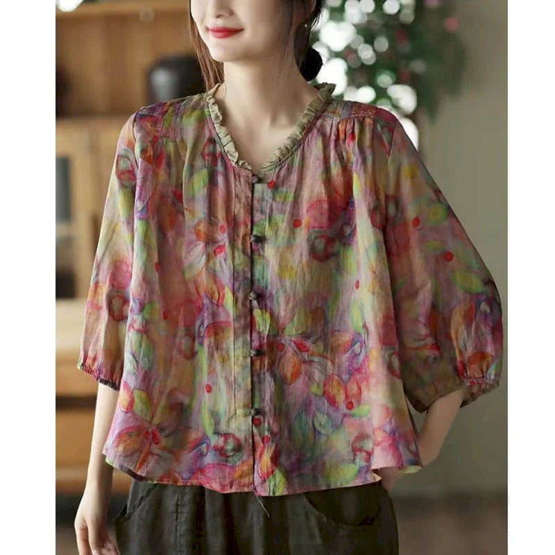 Shirts-for-Women-Vintage-Floral-Cotton-Linen-O-neck-Loose-Half-Sleeve ...