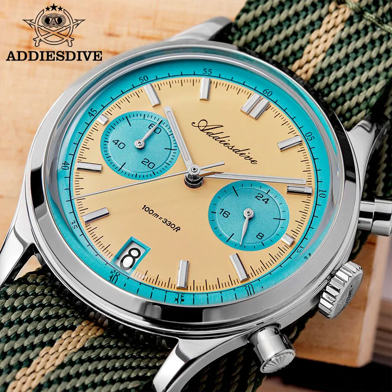 ADDIESDIVE Men's Quartz Chronograph Watch Luminous Bubble Glass 100m ...