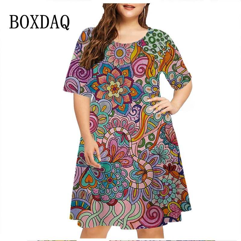 6xl Plus Size Dresses Women Abstract Painted Print Dress Summer Vintage ...