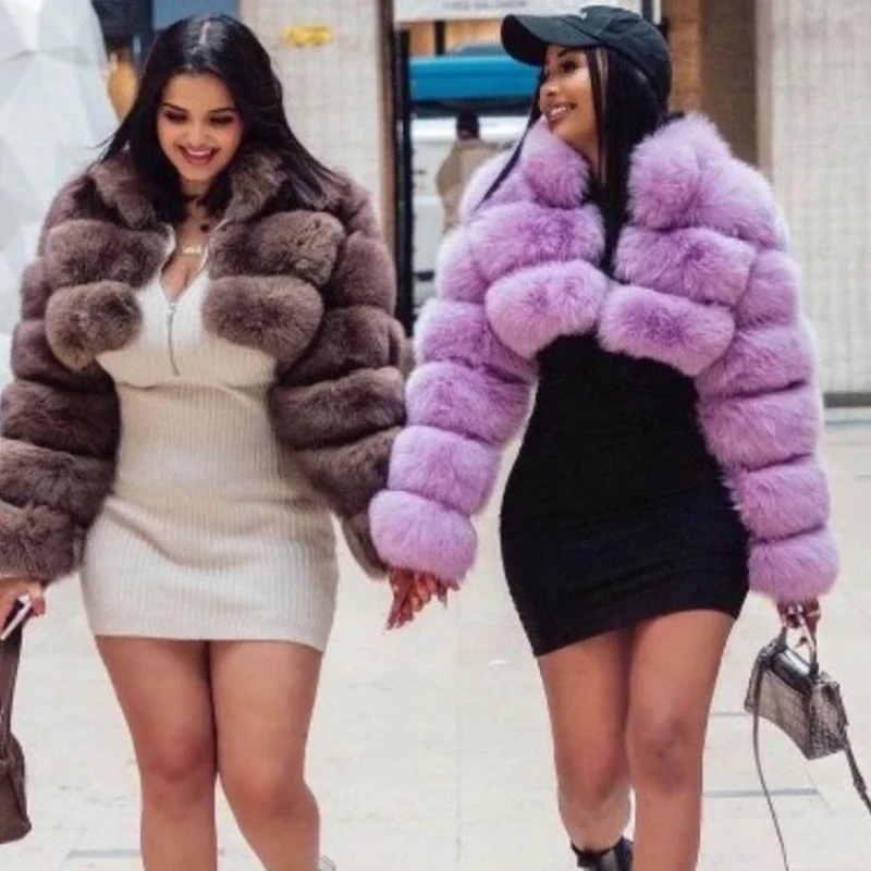 Women Faux Fur Coat Short Coats Stand Collar Zipper Jackets Open Stitch ...