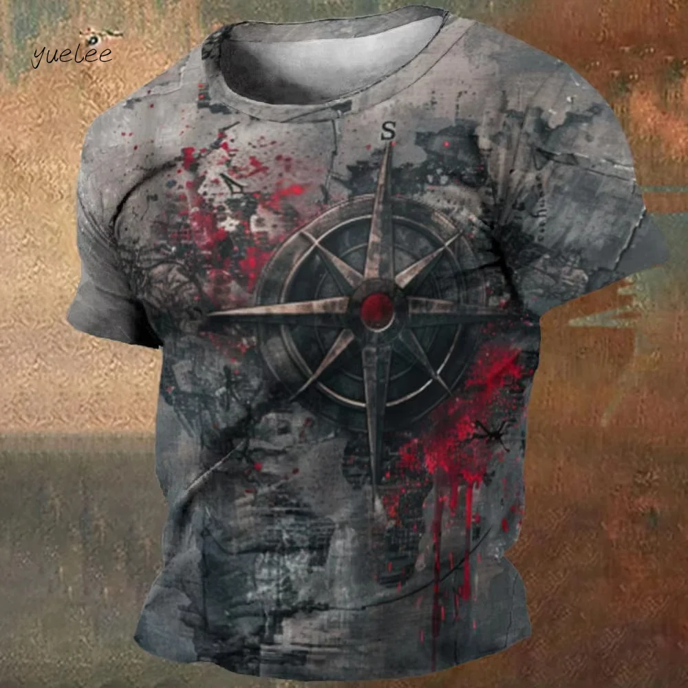 Vintage Men's T-Shirt 3D Printed Compass Short Sleeve T-Shirt O Neck ...