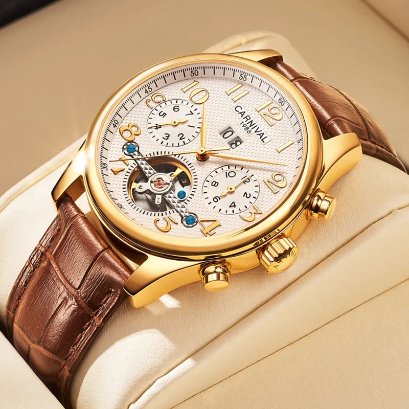 Carnival Brand Luxury Tourbillon Watches Leather Calendar Week Month ...