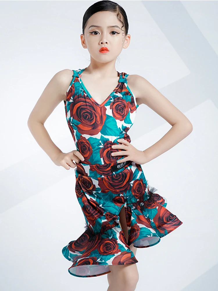 New-Rose-Print-Latin-Dance-Drses-Girls-Sleeveless-Dance-Clothes-Cha-Cha ...