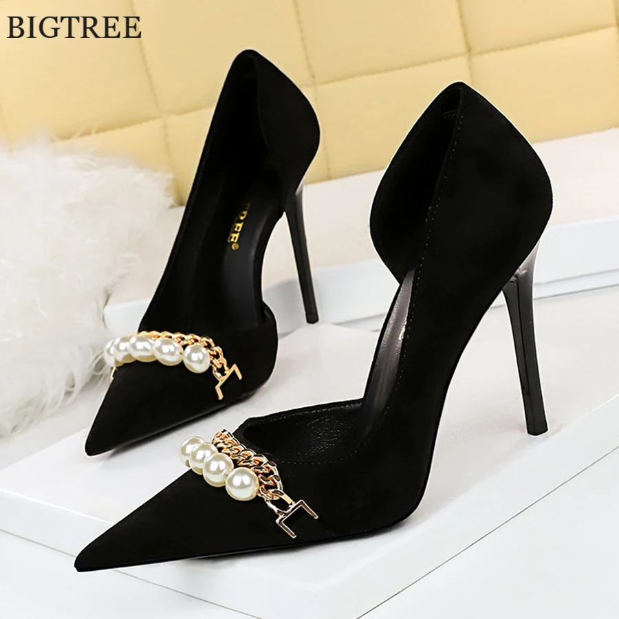 2023 New Fashion Pearl Chain Office Women Pumps Side Hollow Plaid High ...