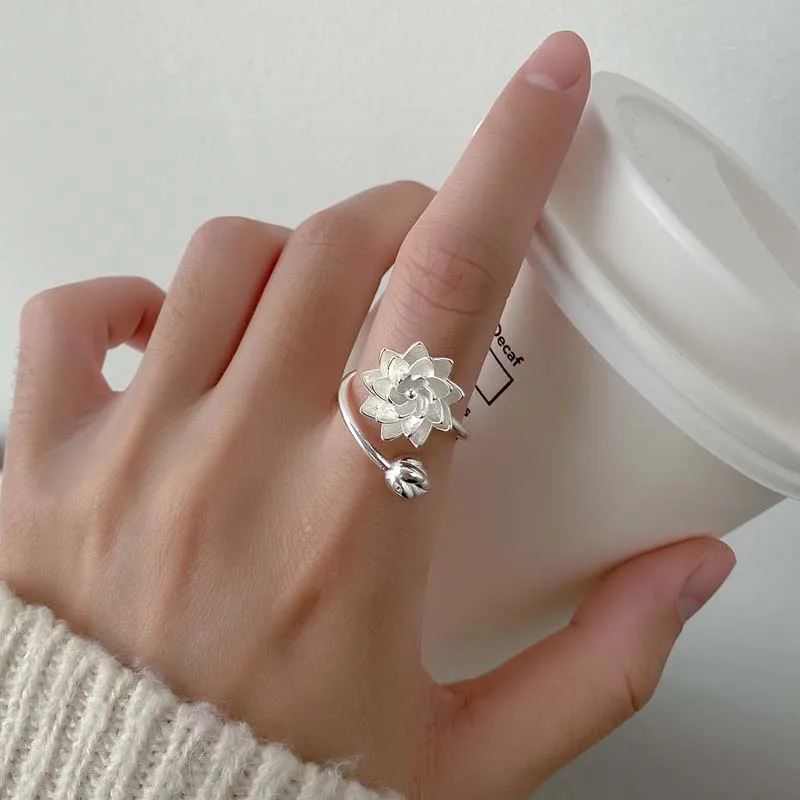 New Fashion Silver Color Lotus Flower Open Rings For Women Girl Elegant ...