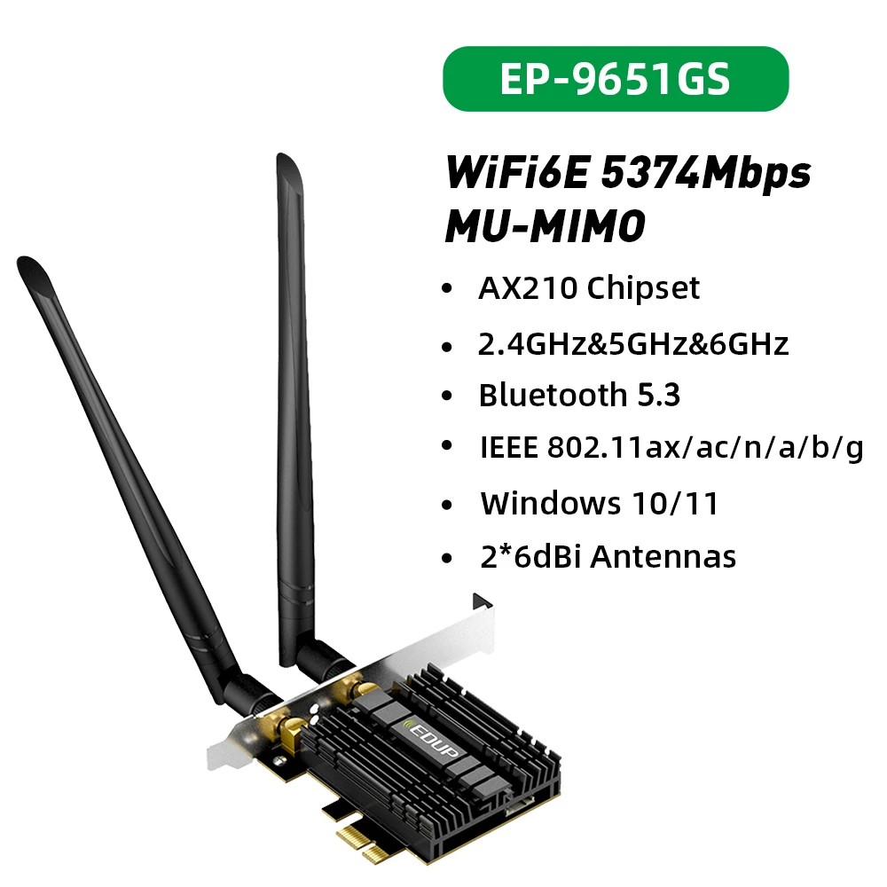 EDUP WiFi6E Intel AX210 PCIE WiFi Adapter 5374Mbps Bluetooth5.3 WiFi сетевая карта 2.4G/5G/6GHz ...