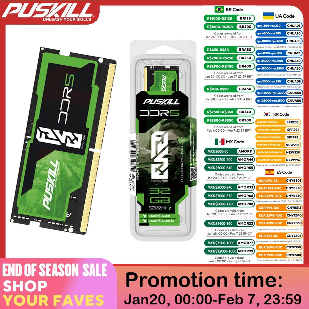Memoria RAM PUSKILL DDR5 16GB 8GB 32GB 1.1V 262-Pin PC4 Notebook ...