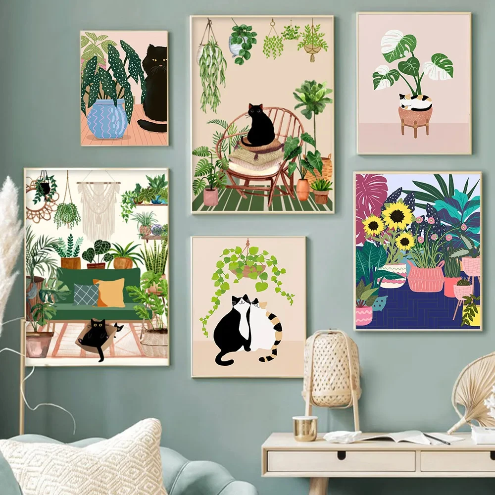 Grappige-Kat-Poster-Katten-Met-Botanische-Plant-Canvas-Schilderij-Kat ...