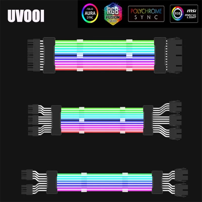 UVOOI obudowa PC przedłużacz kabla RGB ATX 24Pin PCI E GPU 2X8Pin Neon ...