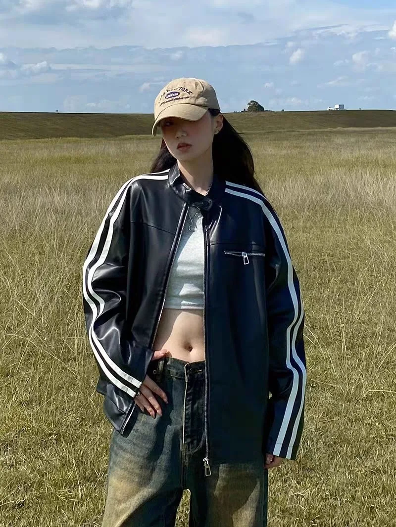 Y2K-chaqueta-de-cuero-PU-para-mujer-chaqueta-de-cuero-rosa-a-rayas-geom ...