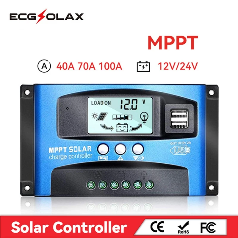 ECGSOLAX MPPT Solar Charge Controller 40A 70A 100A With LCD Dual USB Max 5V 2A Output 12V 24V ...