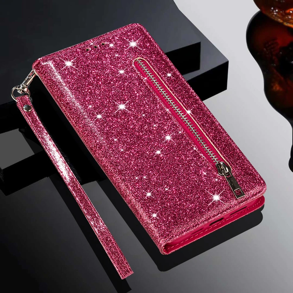 Glitter Zipper Wallet Phone Case with Kickstand, Strap, Card Pocket ...