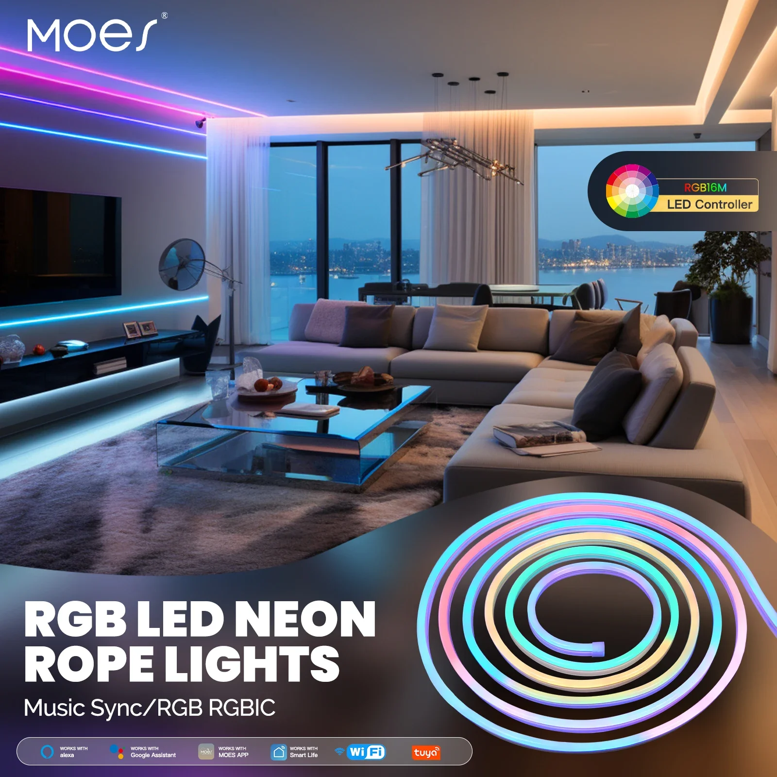 MOES-Wifi-Smart-Neon-LED-Light-Strip-16-Million-RGB-Color-Rope-Lamp-for ...