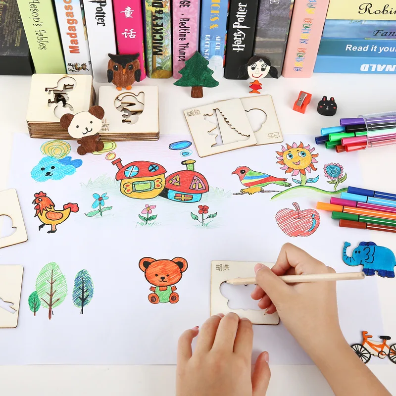 20pcs-Montessori-Kids-Drawing-Toys-Wooden-DIY-Painting-Stencils ...
