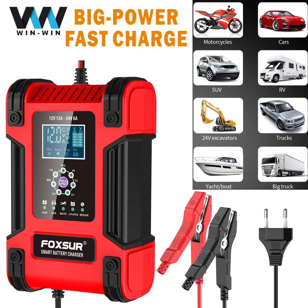 Smart Car Battery Charger 12V 24V LCD Display Motorcycle 7 Stage ...