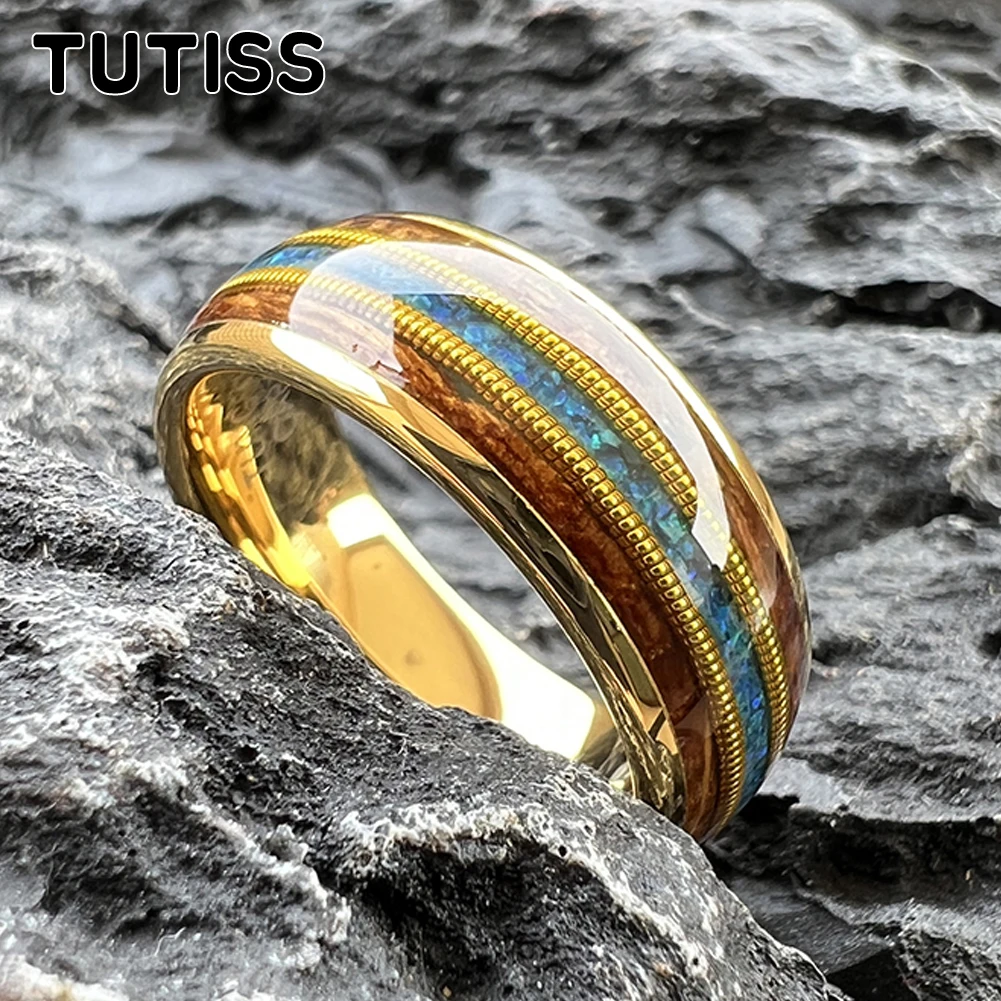 TUTISS-8mm-Whisky-Wood-Guitar-String-Blue-Opal-Inlay-Gold-Tungsten-Ring ...