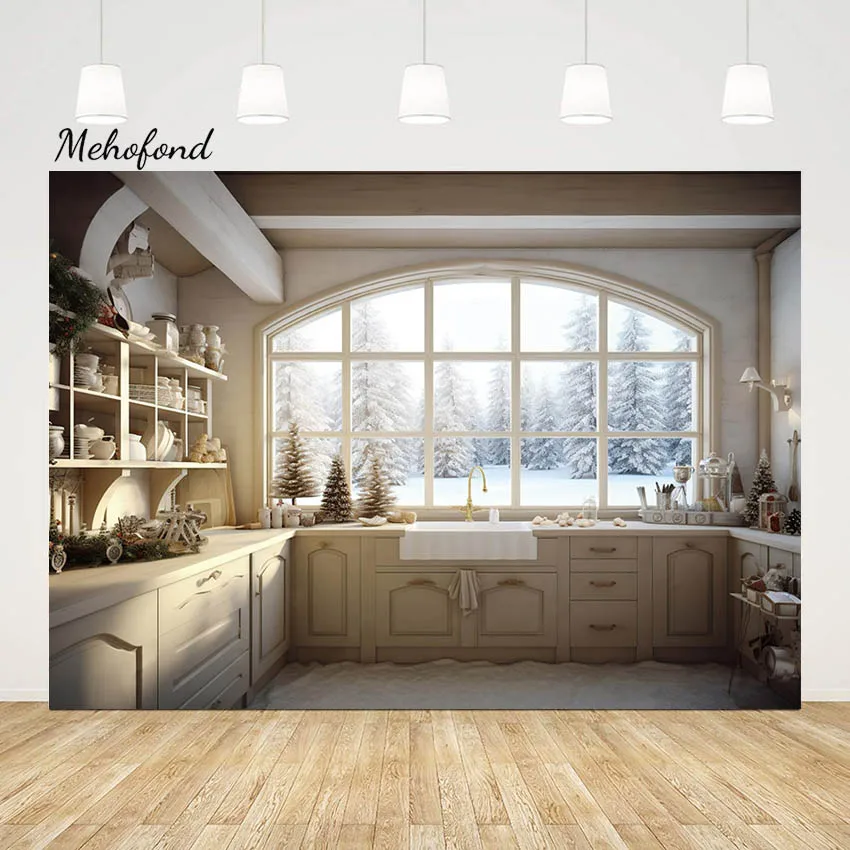 Mehofond-Christmas-Modern-Kitchen-Backdrop-Bustic-Wood-Cupboard-Adult ...