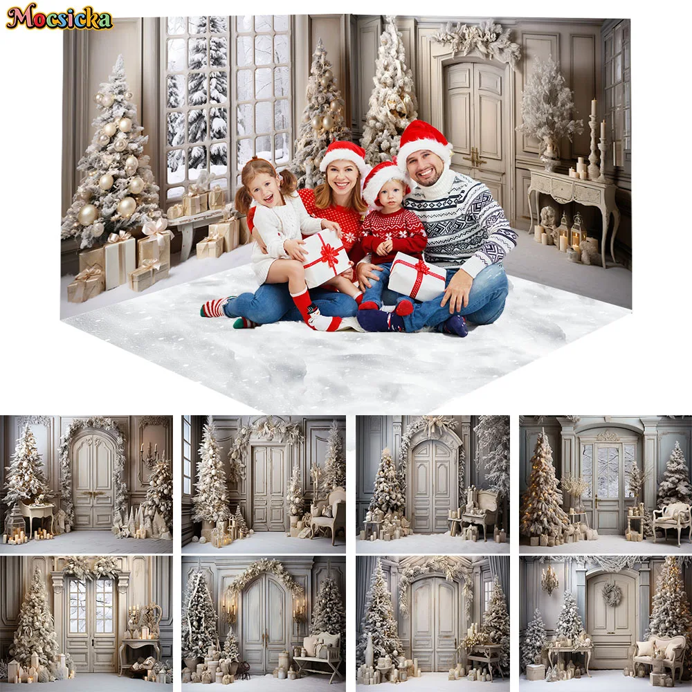 Christmas-Retro-White-Door-Decor-Background-Xmas-Tree-Gift-Candles ...