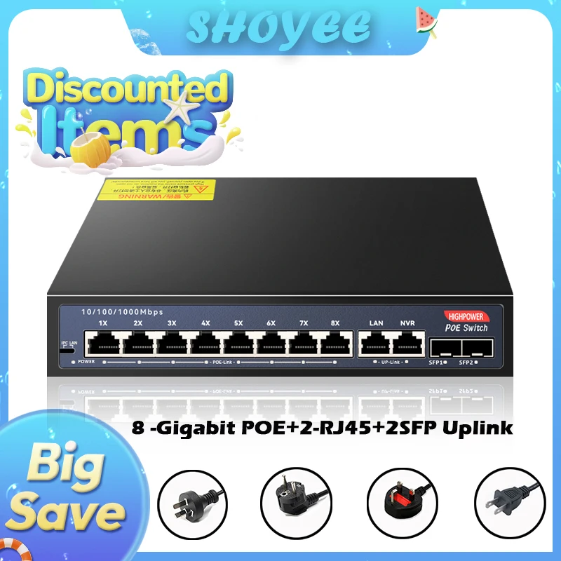 12-Port Gigabit Ethernet Switch with 8-PoE Ports and 2-RJ45 and 2-SFP ...