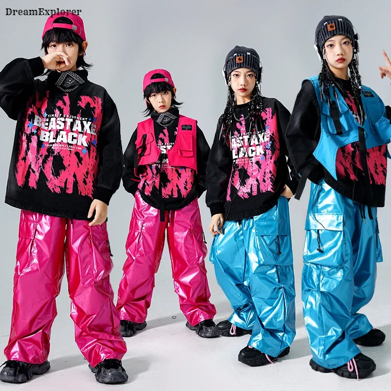 Boys K-pop Street Dance Solid Vest Sweatshirt Leather Shiny Cargo Pants ...