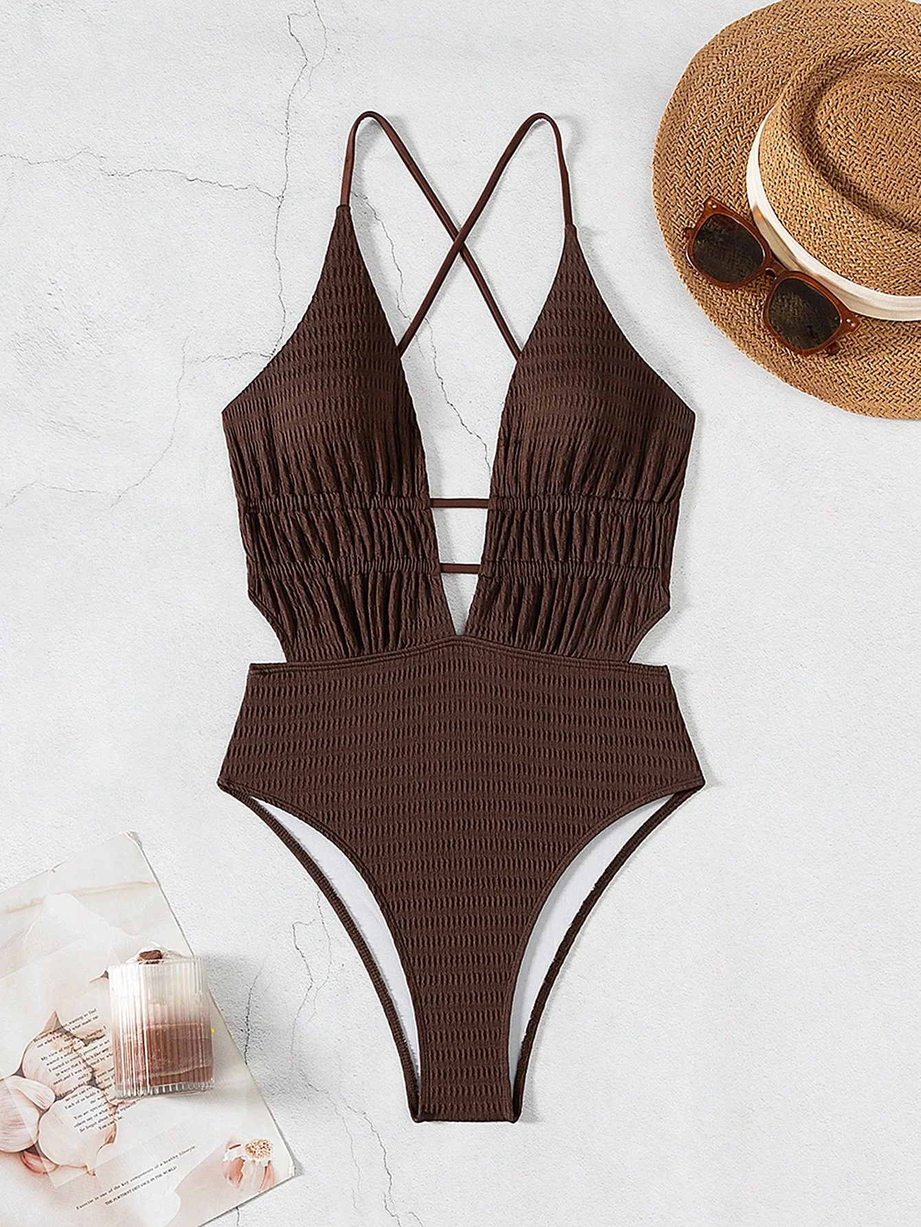 Women's Textured One Piece Swimsuit - Deep V Neck Cutout Monokini ...