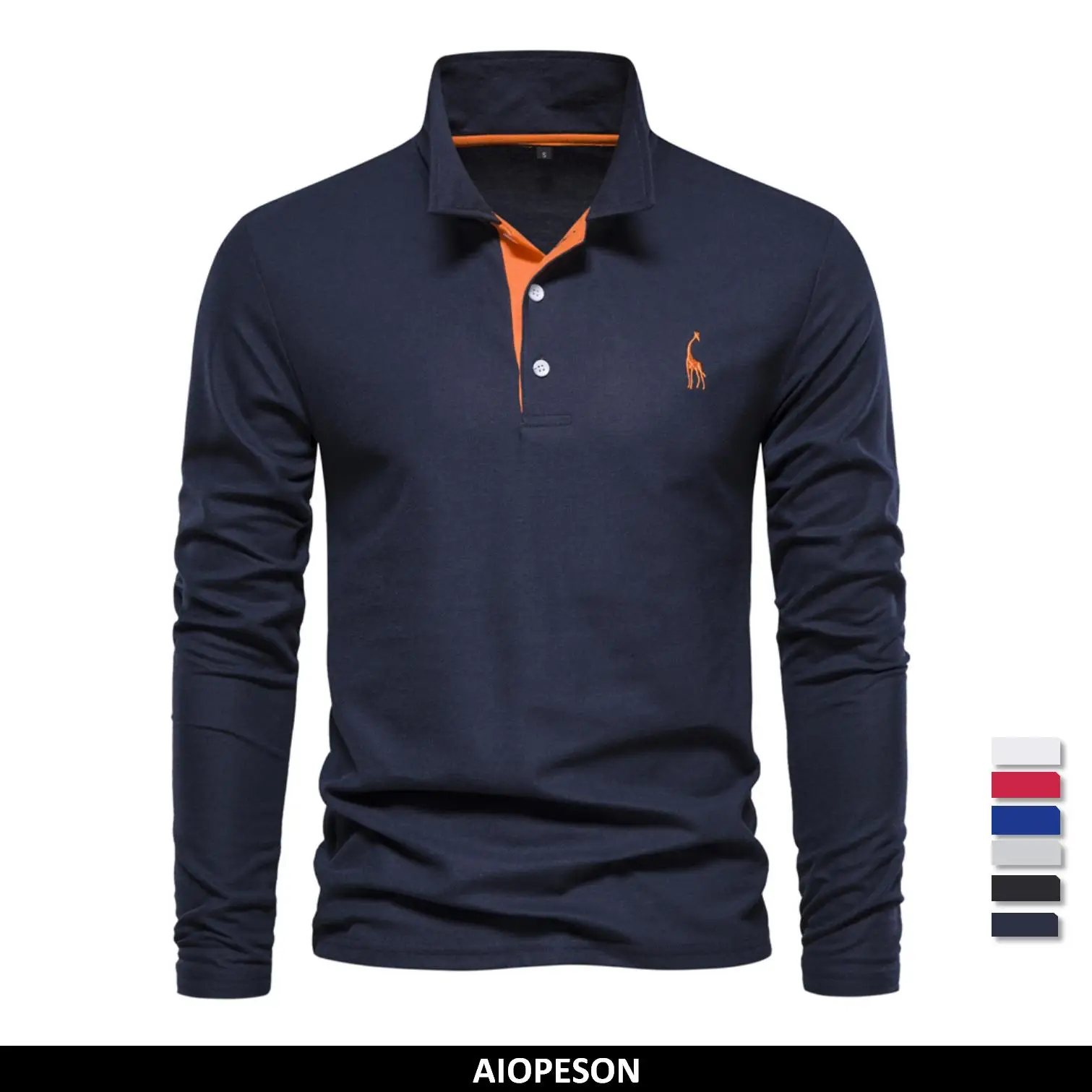 AIOPESON Deer Embroidery Men's Polo Shirts Solid Color Long Sleeve Polo ...