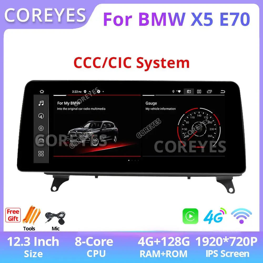 COREYES 자동차 라디오 멀티미디어 플레이어, BMW X5 E70 X6 E71 2007-2013 CCC CIC 시스템, 블루투스 디스플레이 화면, 12.3 인치 카플레이