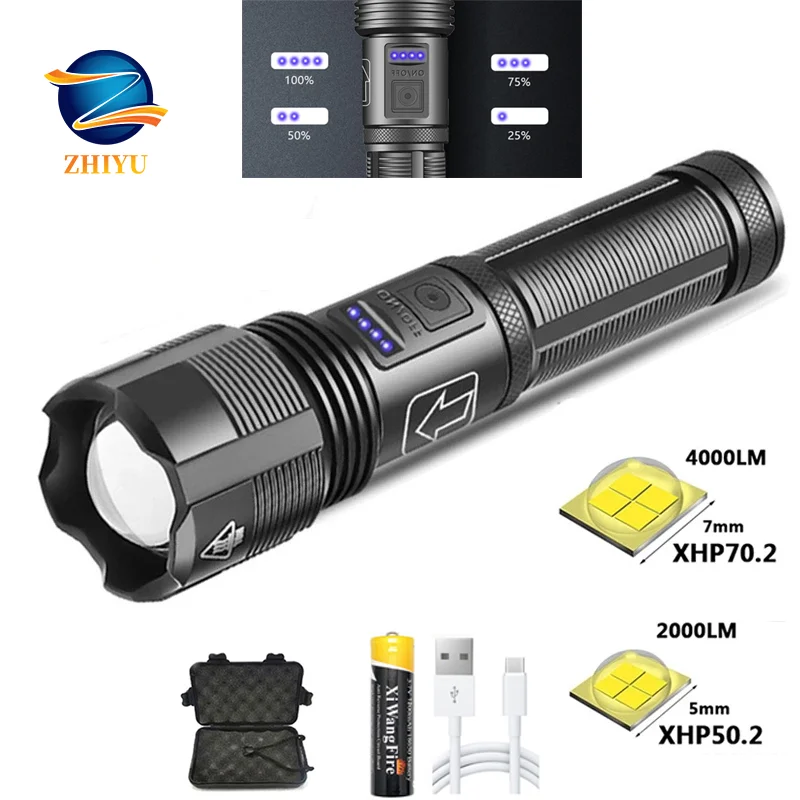 XHP70 알루미늄 합금 LED 손전등, 고출력 손전등, USB 충전식, 줌 가능 토치, 18650 배터리, 야외 캠핑 랜턴| | - AliExpress