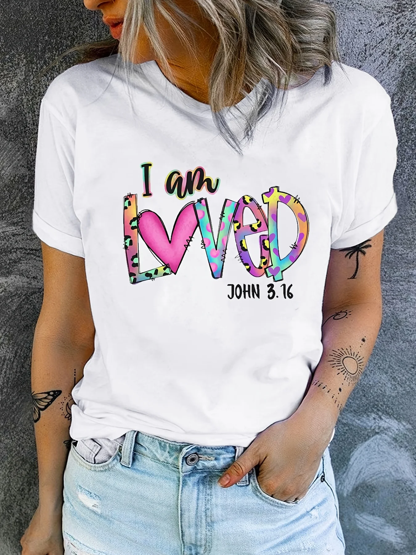 Colorful-Letter-Print-T-shirt-Casual-Crew-Neck-Short-Sleeve-Summer-T ...
