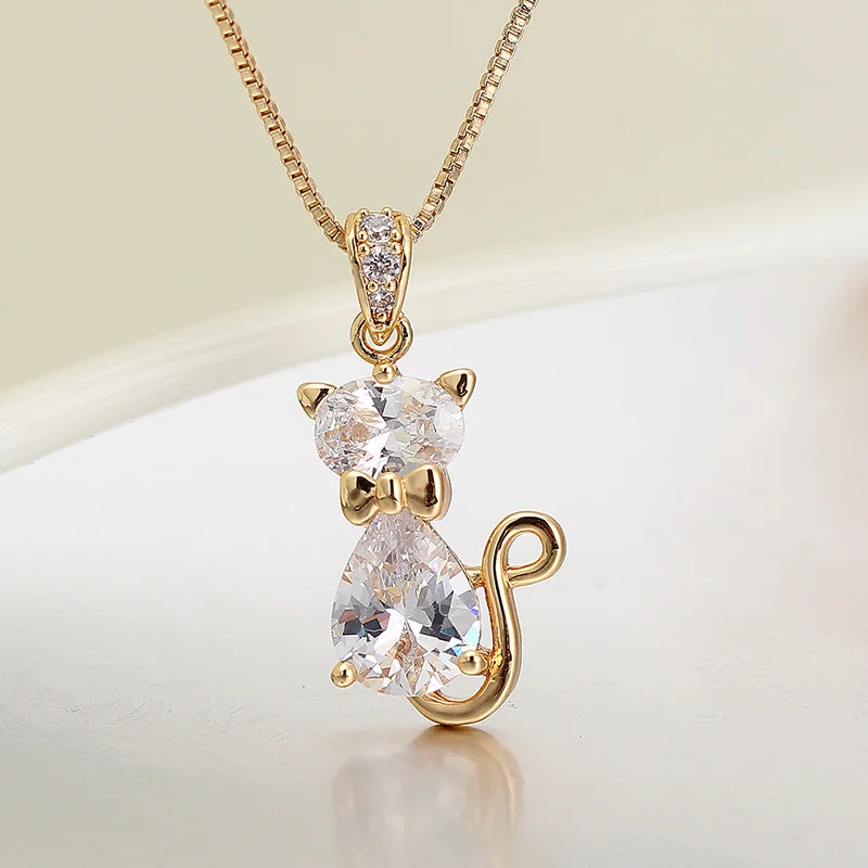 Cute-White-CZ-Zircon-Cat-Gatos-Suspension-Necklaces-Pendants-Chain ...