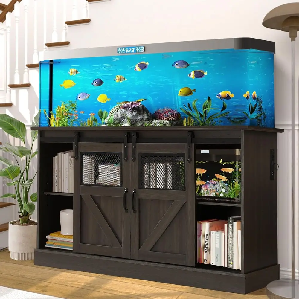 55-75 Gallon Fish Tank Stand with Sliding Barn Doors & Power Outlet ...