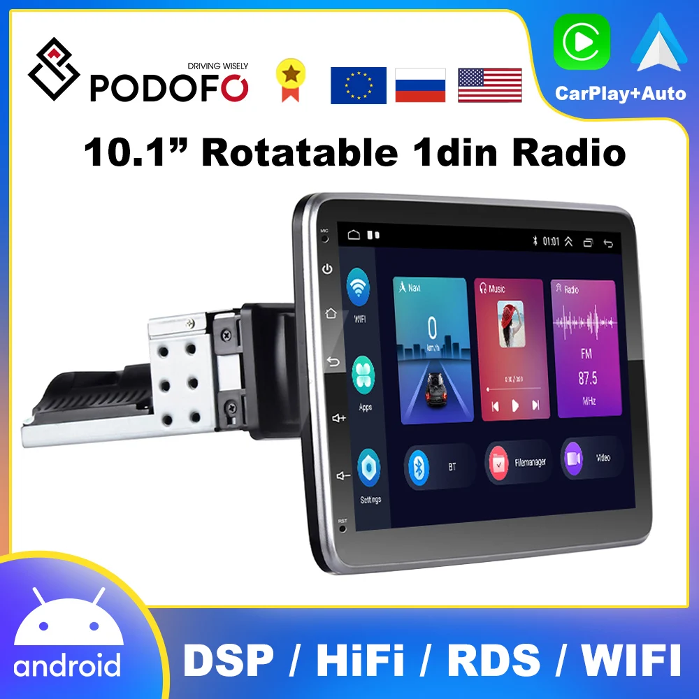 Podofo 1 Din CarPlay Rotatable Android AutoRadio Car Radio With 10" Screen Intelligent Systems ...