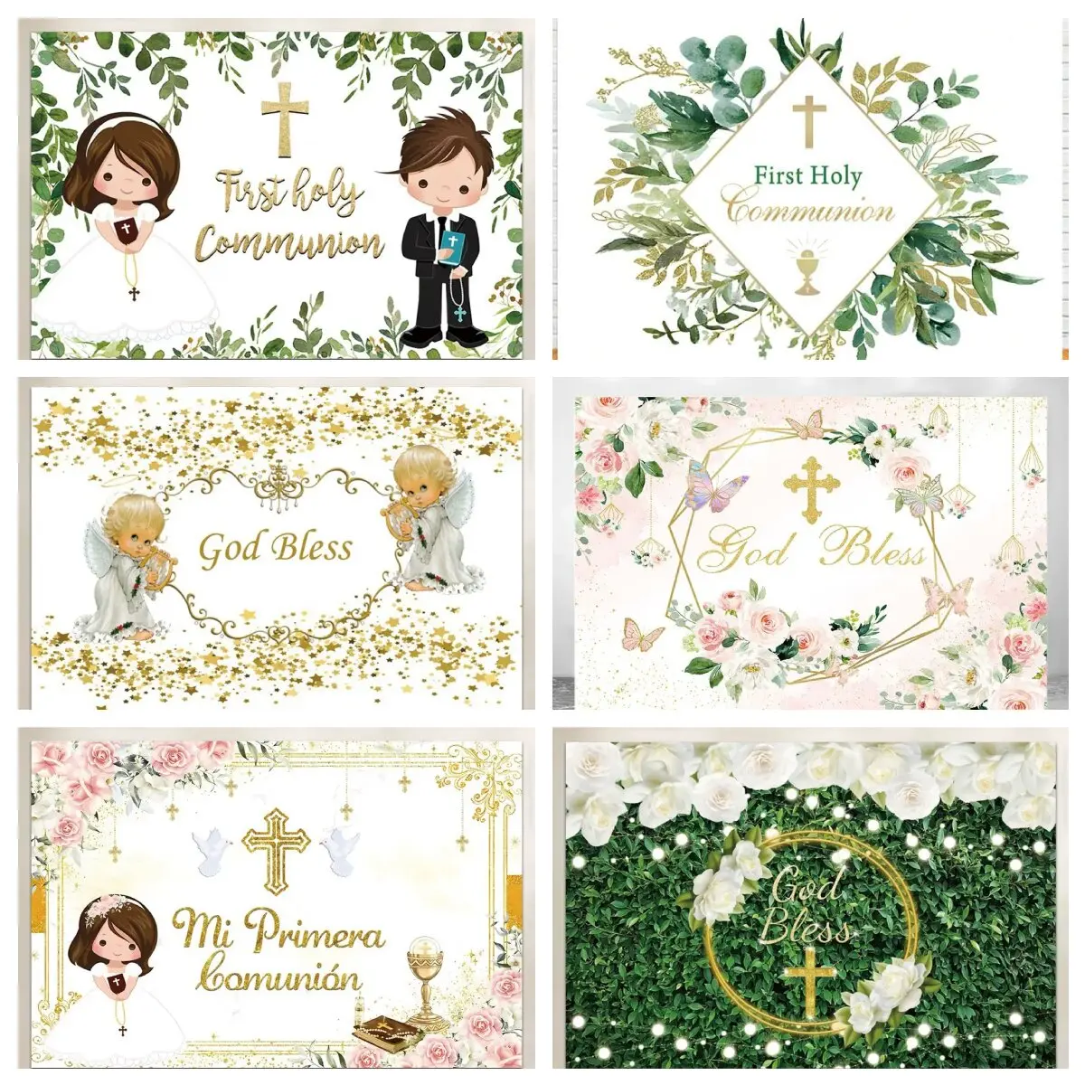 Boy-Girl-First-Communion-Photography-Backdrop-Gold-Cross-Grail-God ...
