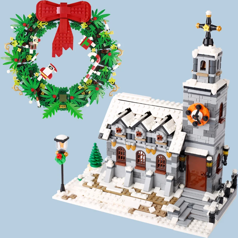 MOC Winter City Street Snow House Building Blocks Christmas Tree Wreath ...