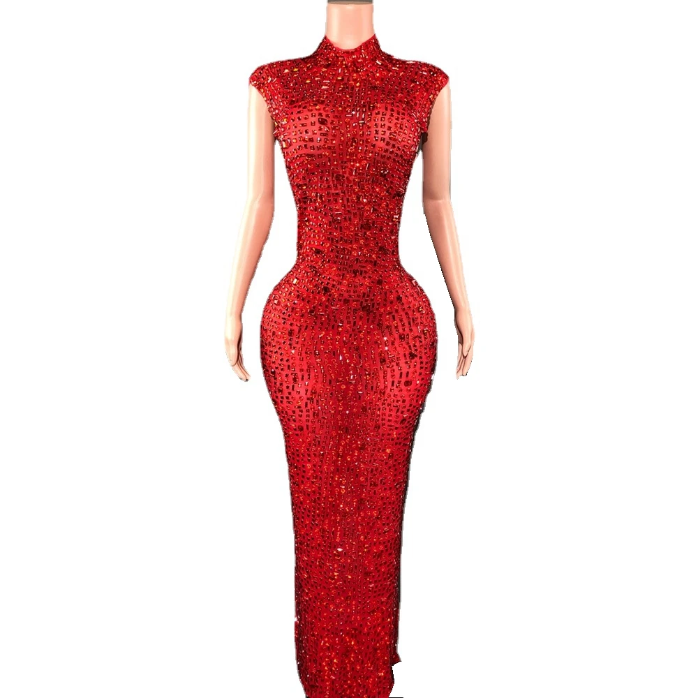 Sparkly-Red-Rhinestone-Sleeveless-Stretch-Long-Dress-Women-Sexy-Mesh ...